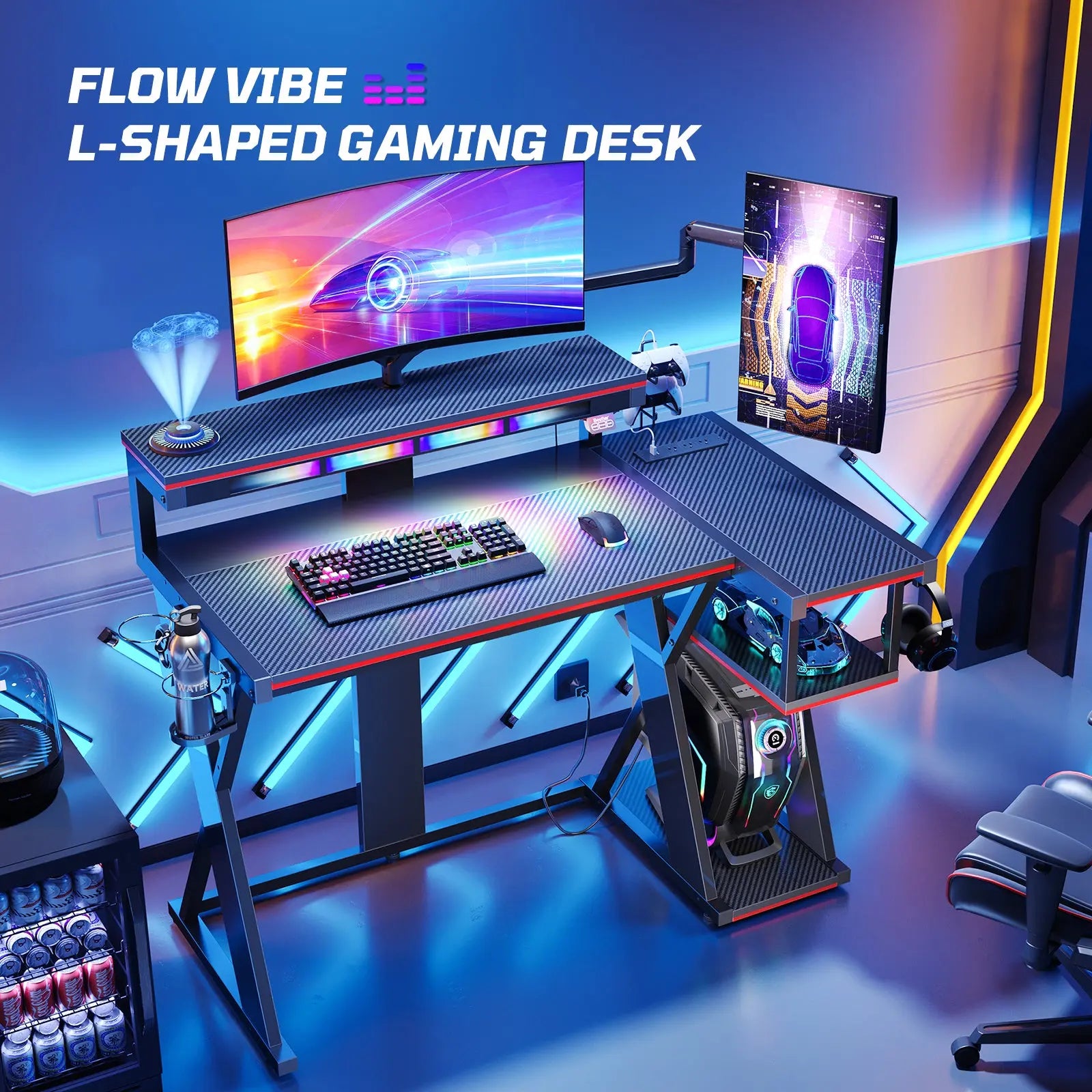 Bestier 42-inch L-shaped Gaming Desk with RGB Music Sync Lights, 3 AC