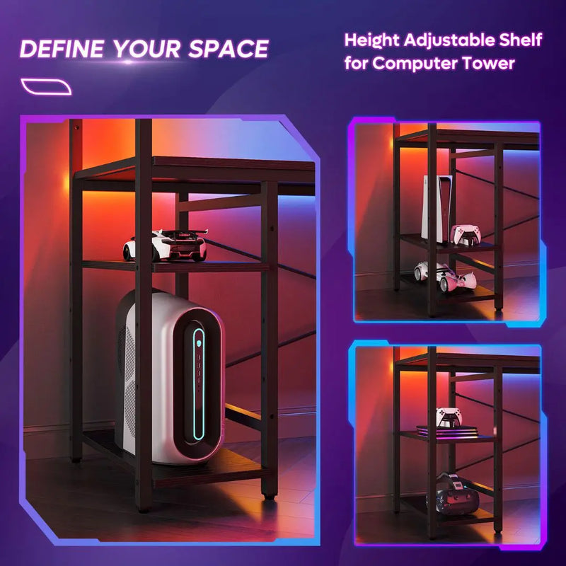 61 Inch Gaming Desk | LED Lights & Storage Shelves