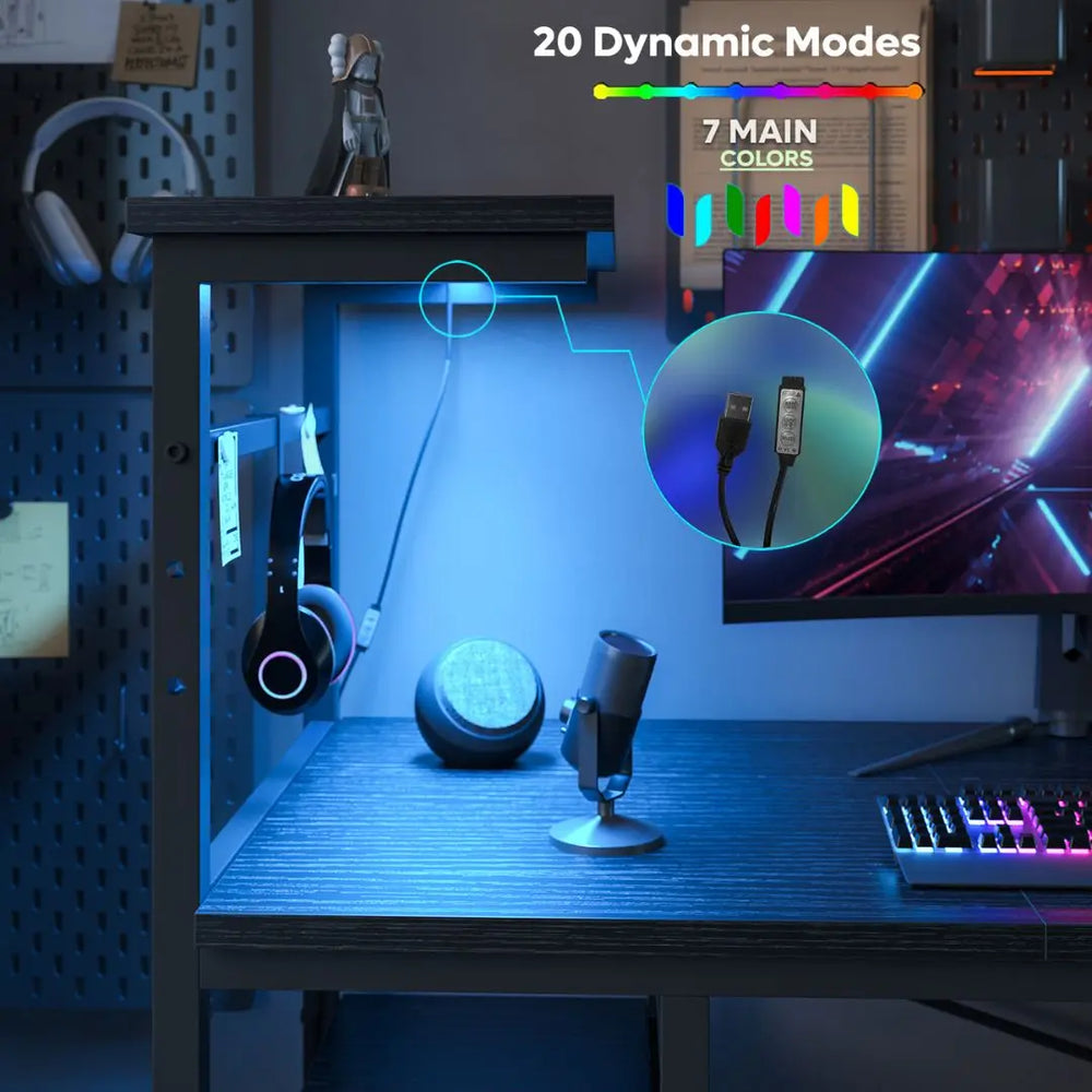 61 Inch Gaming Desk | LED Lights & Storage Shelves