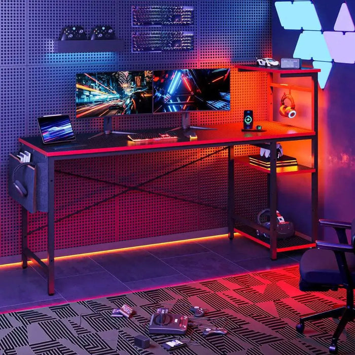 61 Inch Gaming Desk | LED Lights & Storage Shelves