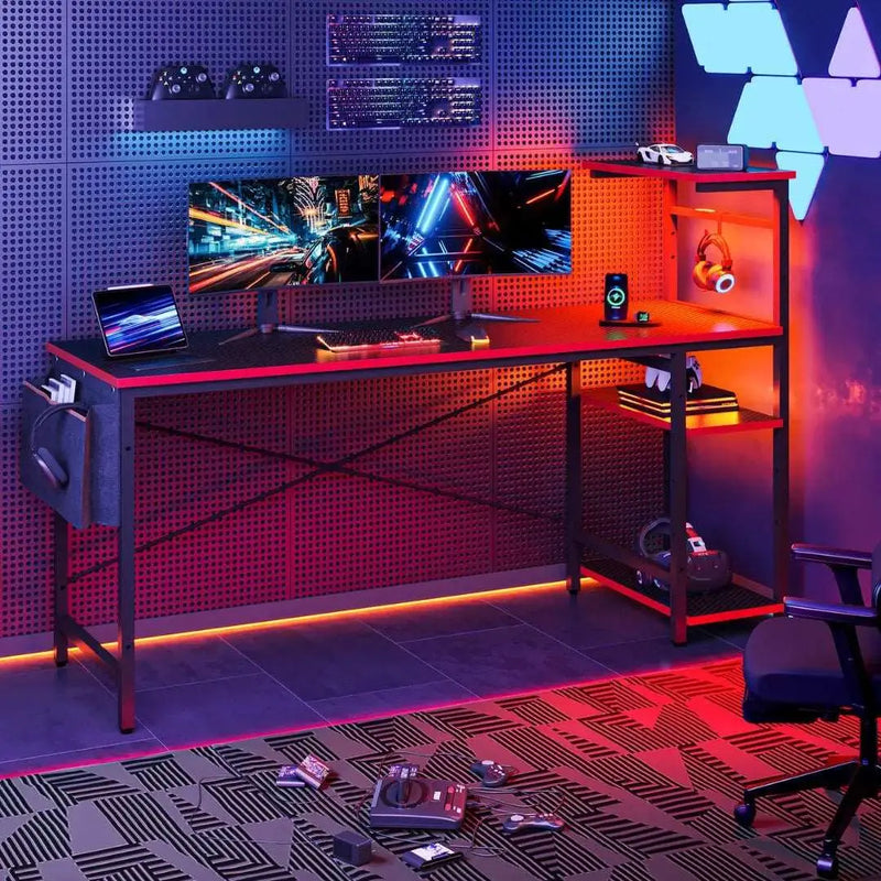 61 Inch Gaming Desk | LED Lights & Storage Shelves
