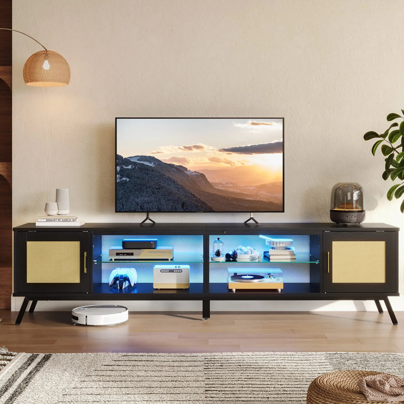 80 Inch Black Rattan Mid Century TV Stand | Storage
