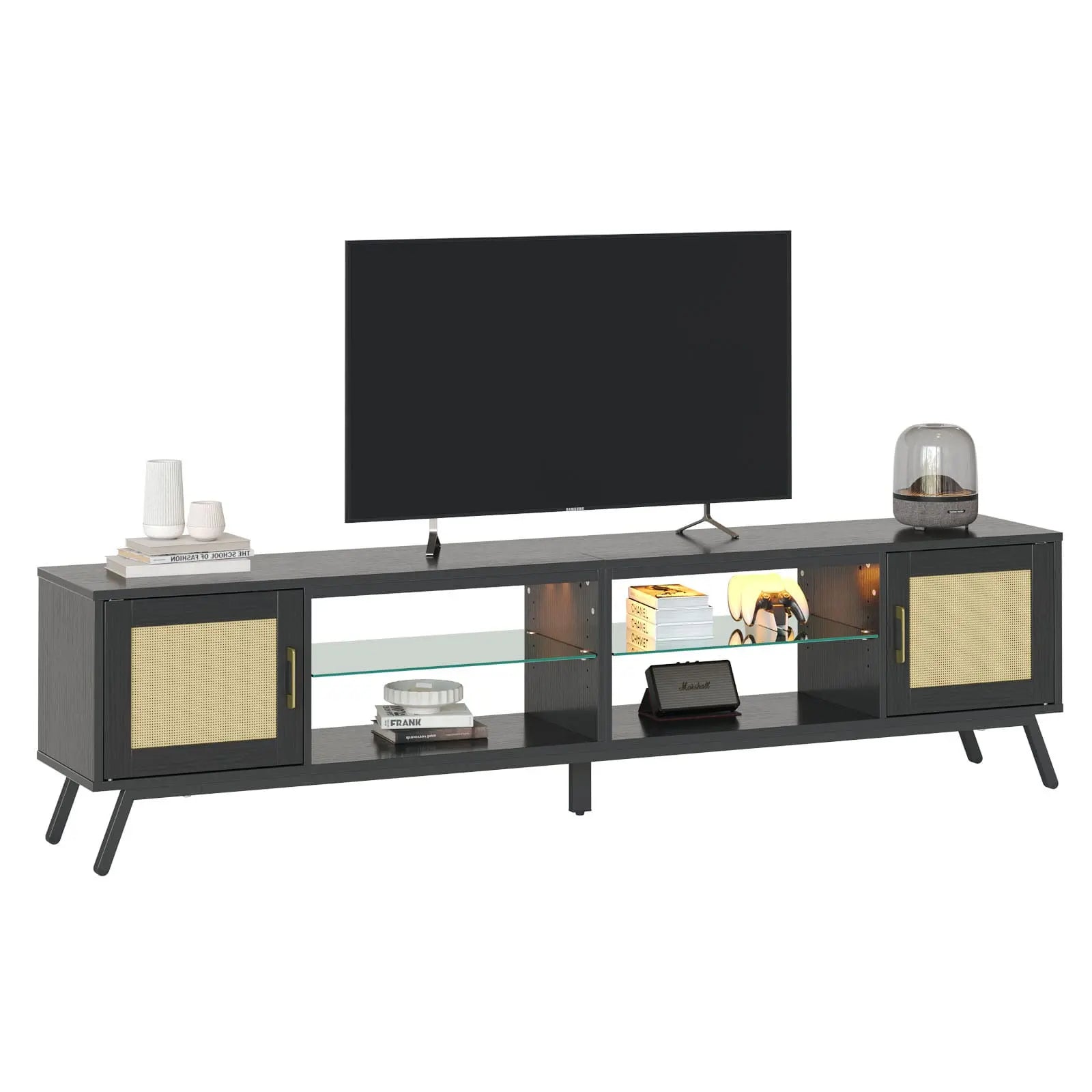 80 Inch Black Rattan Mid Century TV Stand | Storage