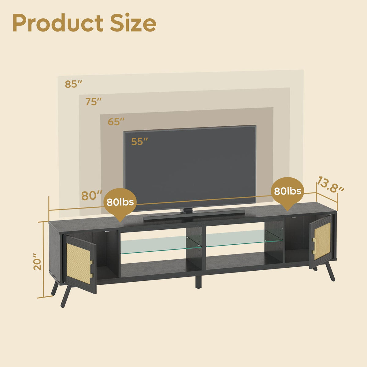 Bestier 80 Inch Black Mid Century TV Stand with Storage