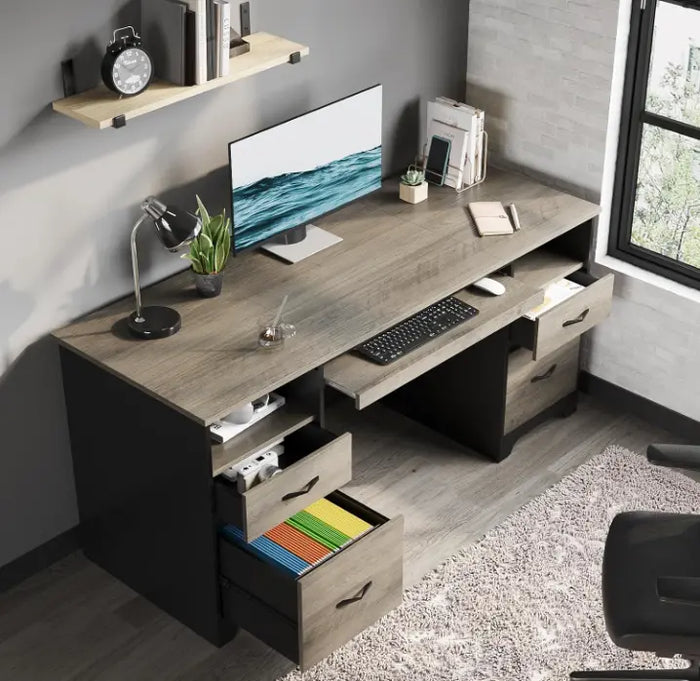 59 Inch Computer Desk | Storage & Keyboard Tray