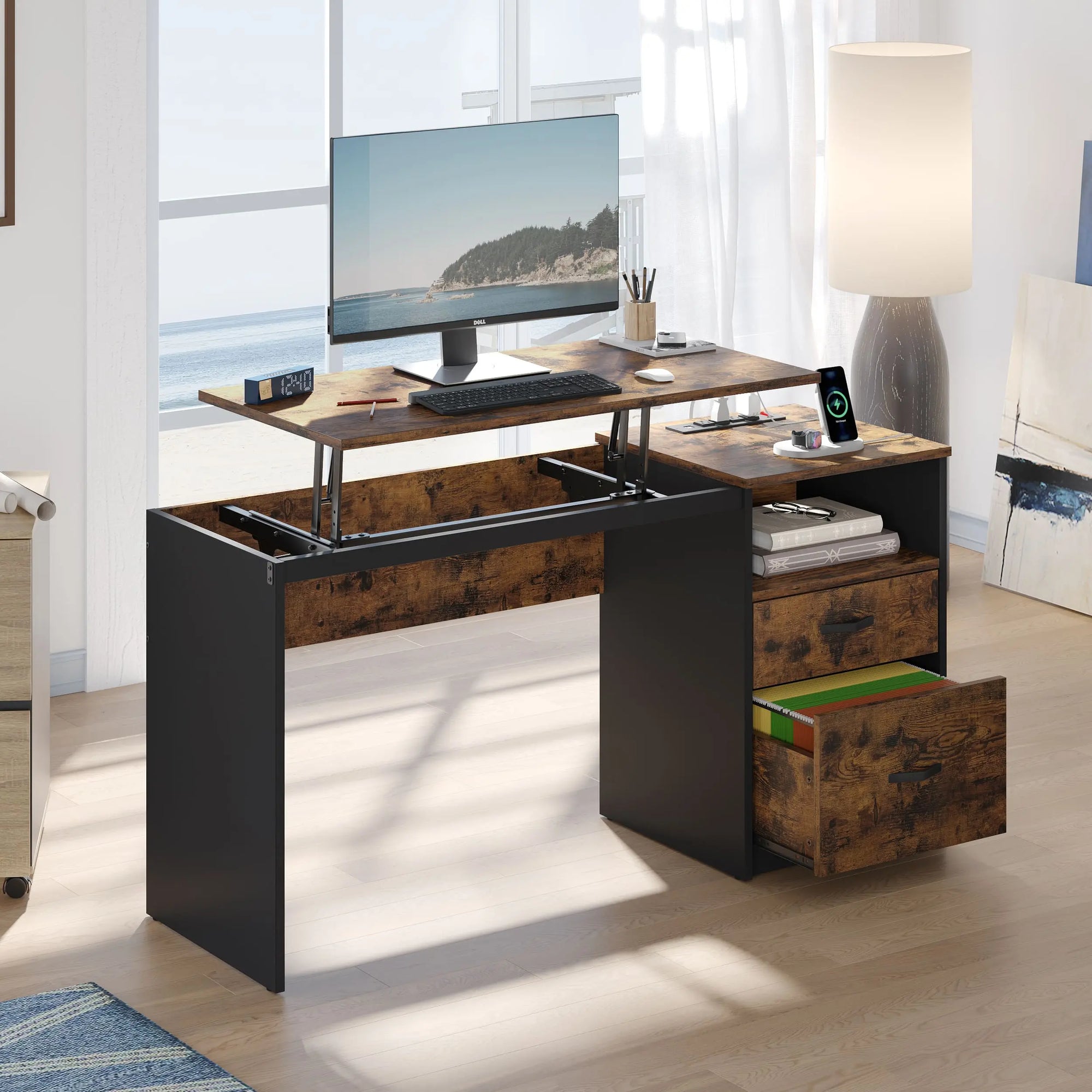 60 Inch Lift-Top Home Office Desk | Power Outlets