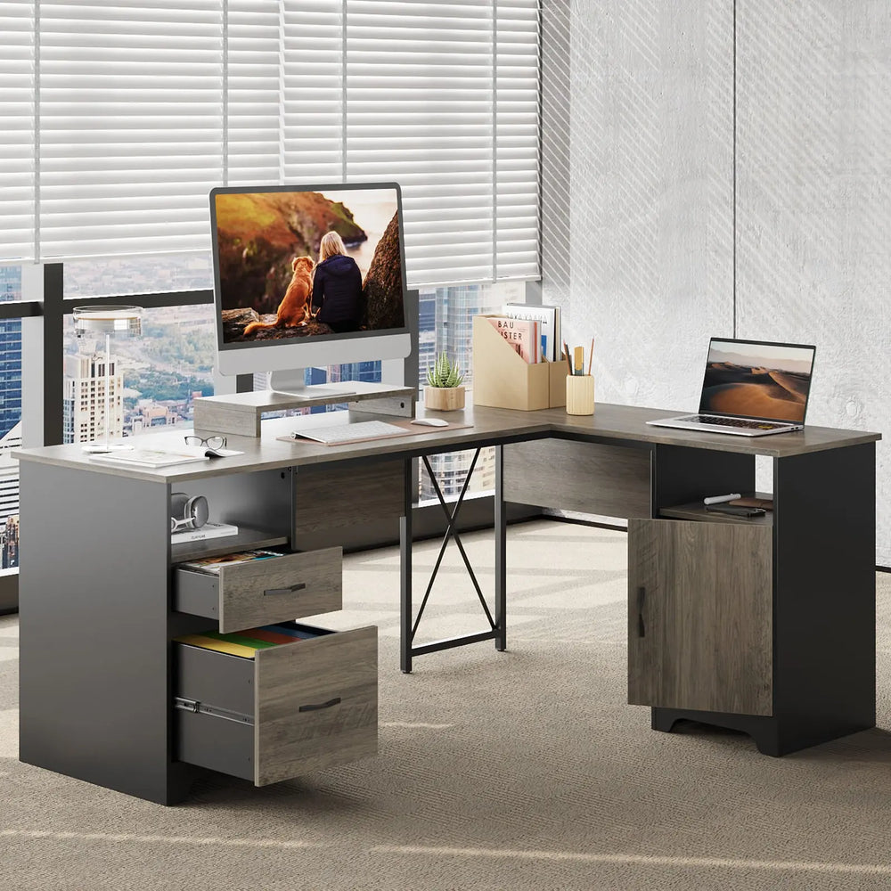 L Shaped Desk with File Drawers - Bestier Durable Workspace Desk
