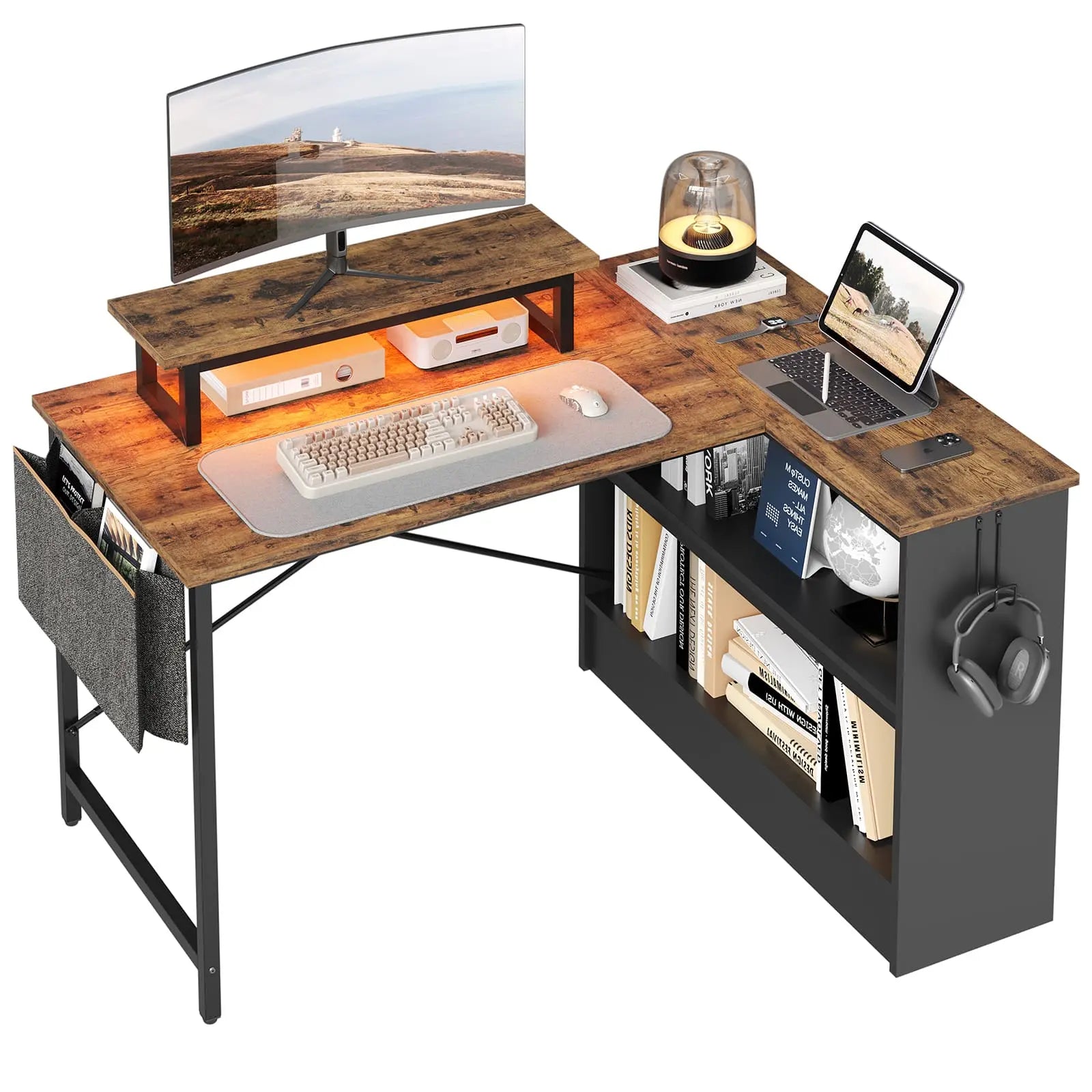 L-Shaped Desk - Bestier 42 Inch with Open Storage Cabinet